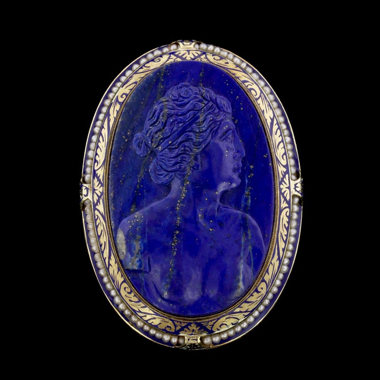 Antique 14 Karat Yellow Gold Carved Lapis Cameo Brooch Pendant at 1stDibs