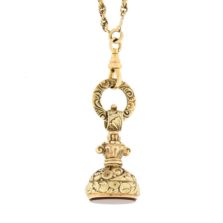 Antique 14k Yellow Gold Oval Carnelian Repousse Work FOB Pendant w ...