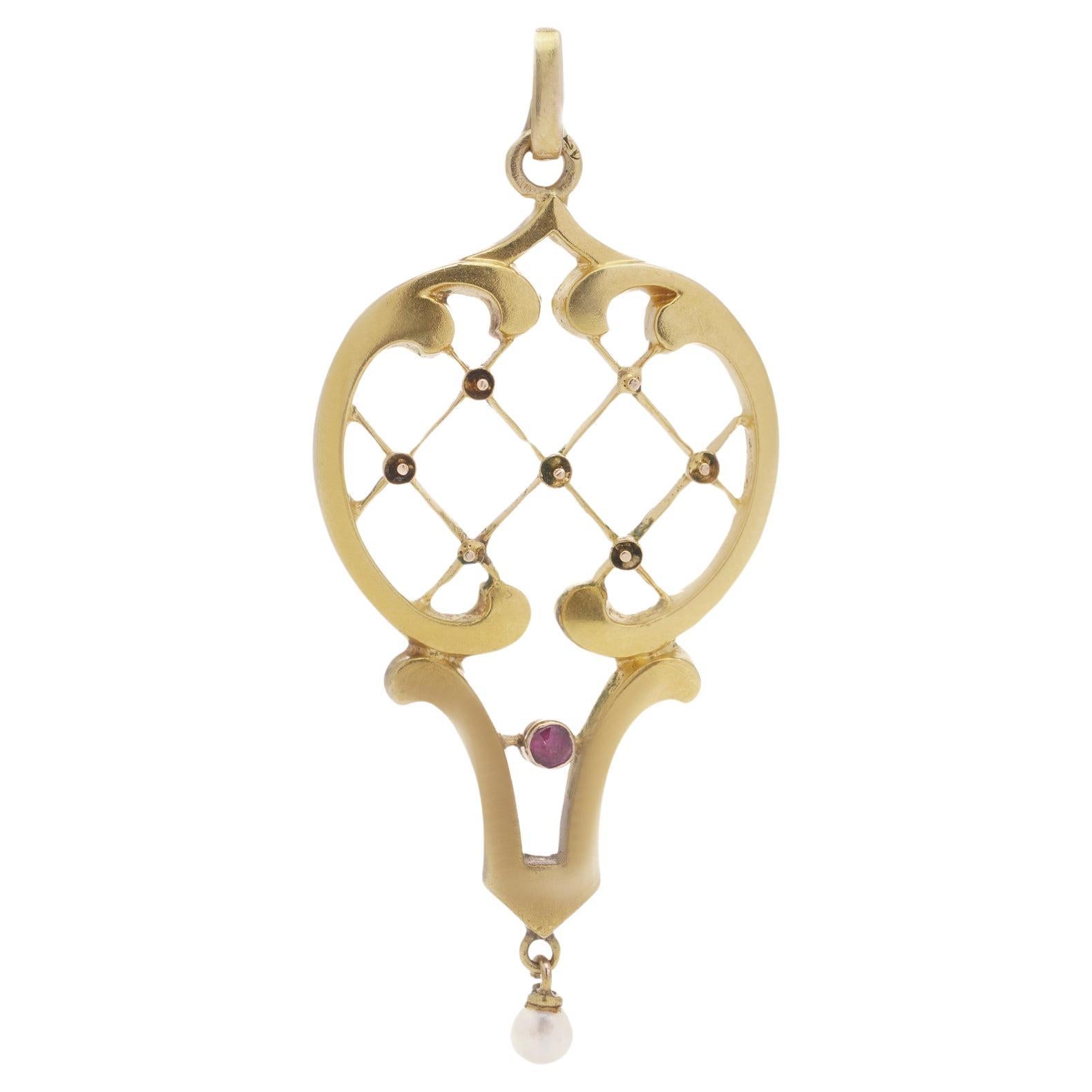 Antique 14kt Gold Pendant with Pearl and Ruby For Sale at 1stDibs