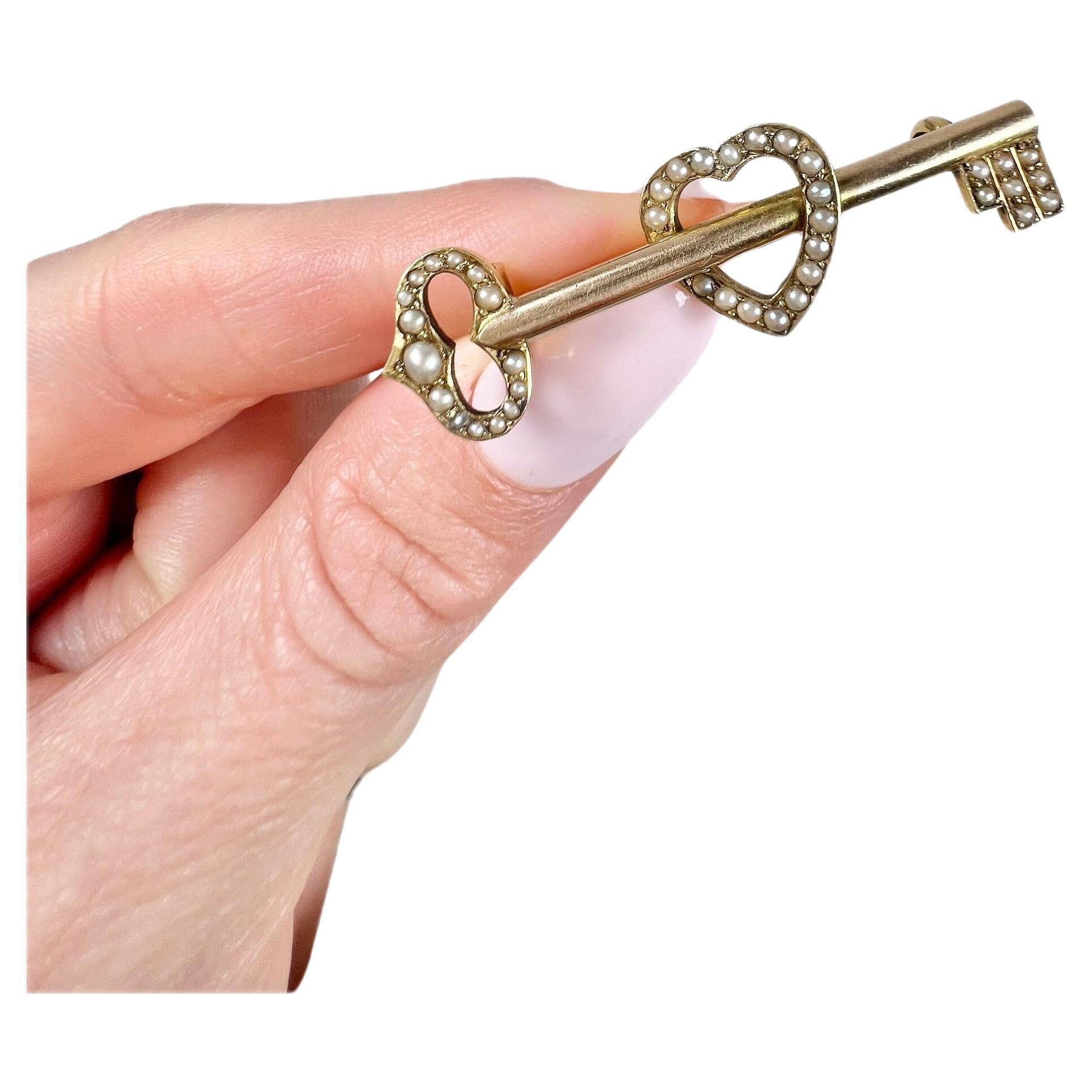 Antique 15ct Gold, Victorian Seed Pearl Heart Key Brooch 'Key to my ...