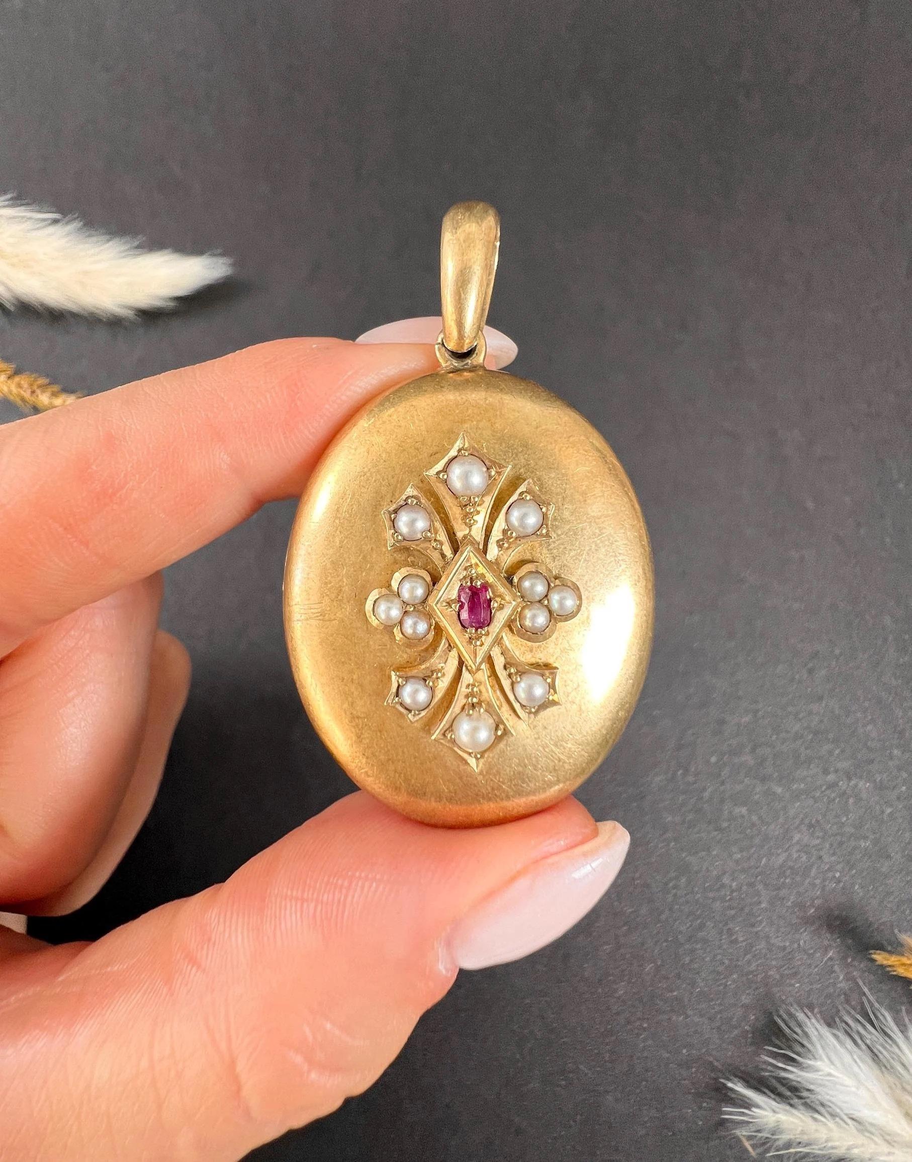 Antique 15ct Yellow Gold, Victorian Ruby and Seed Pearl Oval Locket For ...