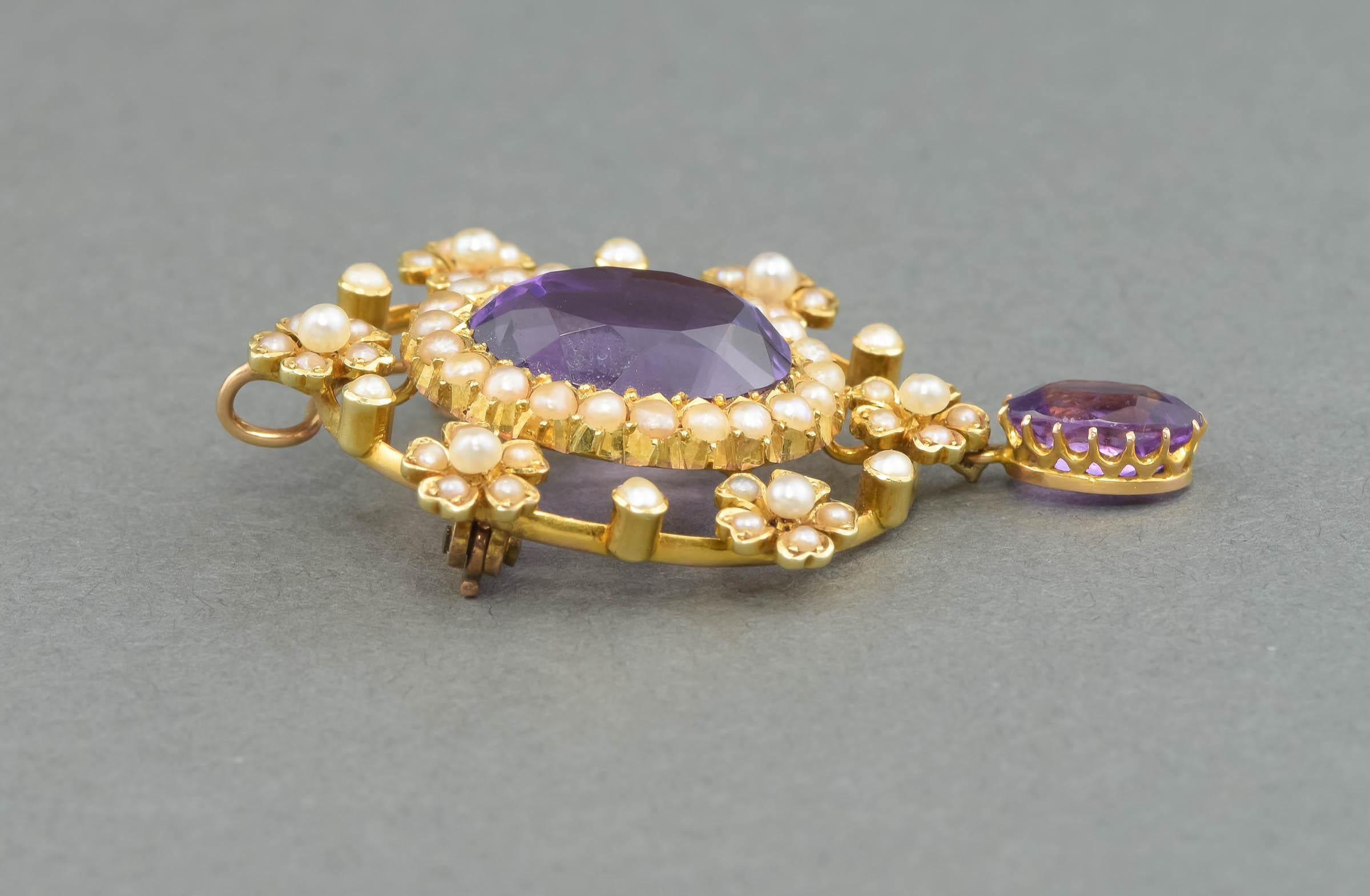 Antique 15k Gold Amethyst Pearl Flower Pendant Brooch with Drop For ...