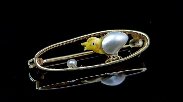 Antique 15k gold Chick brooch, baroque pearl, enameled For Sale at 1stDibs