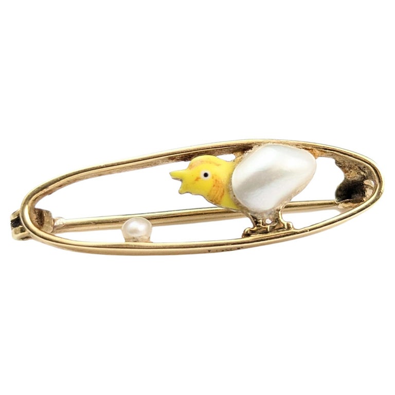 Antique 15k gold Chick brooch, baroque pearl, enameled For Sale at 1stDibs