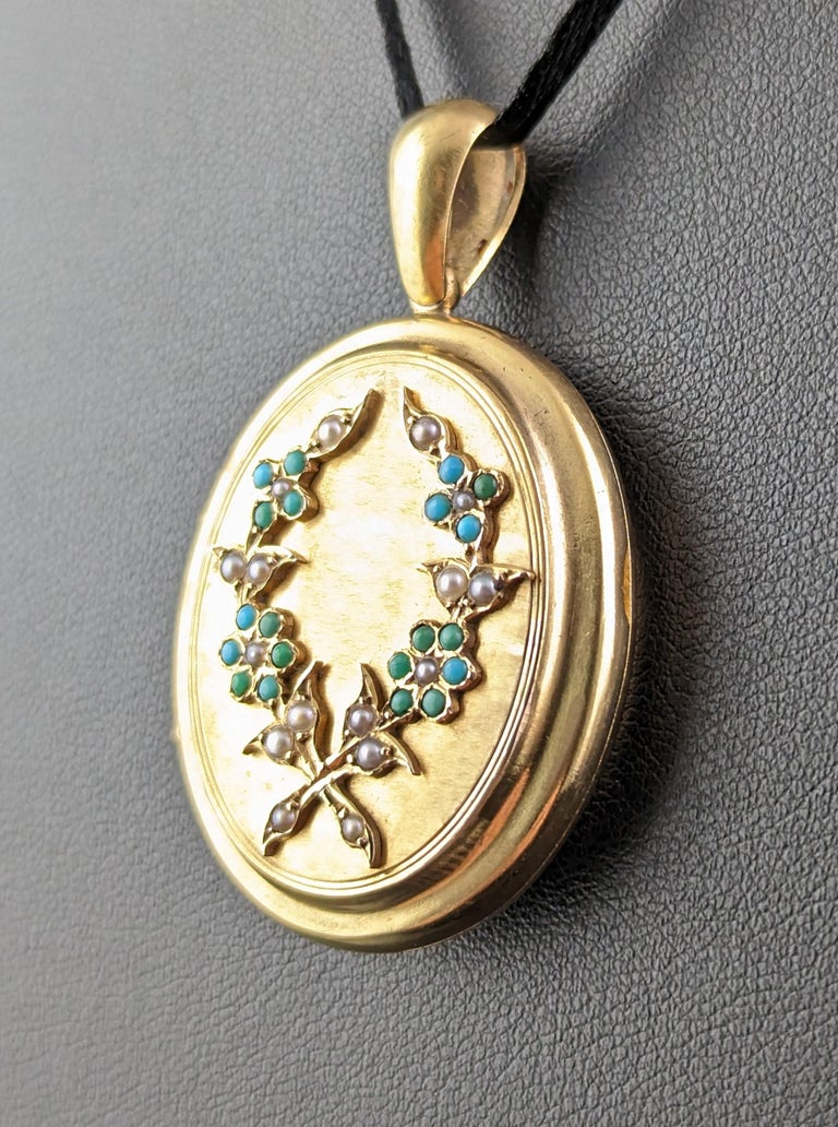 Antique 15k Gold Locket, Turquoise and Pearl, Portrait, Forget Me Not ...