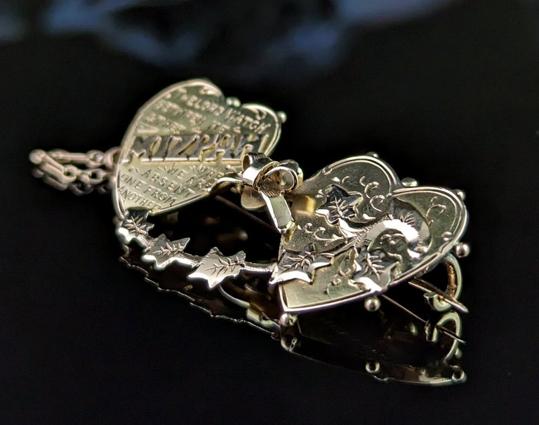 Antique 15k Gold Mizpah Brooch, Double Hearts, Victorian For Sale at ...