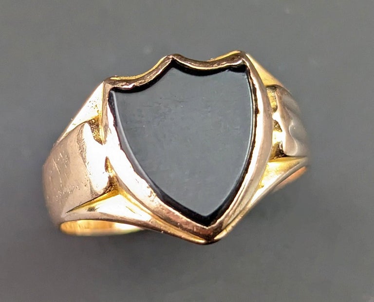 Antique 15k Gold Onyx Signet Ring, Shield Shaped, Pinky, Victorian For ...