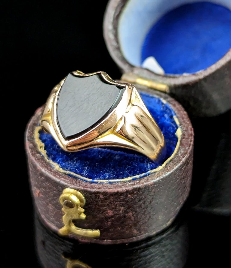 Antique 15k Gold Onyx Signet Ring, Shield Shaped, Pinky, Victorian For ...