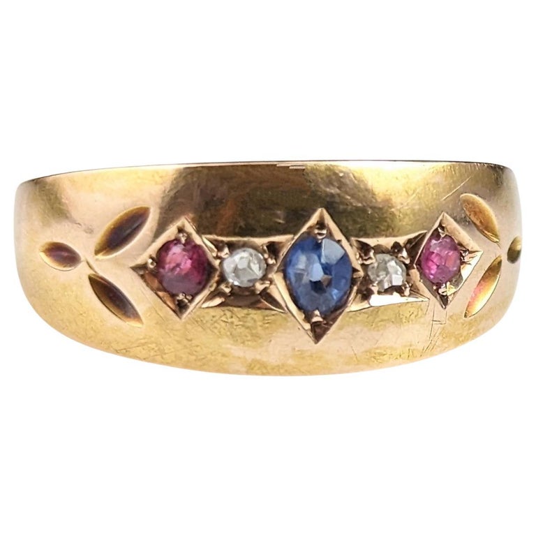 Antique 15k Gold Sapphire, Ruby and Diamond Gypsy Set Ring, Victorian ...