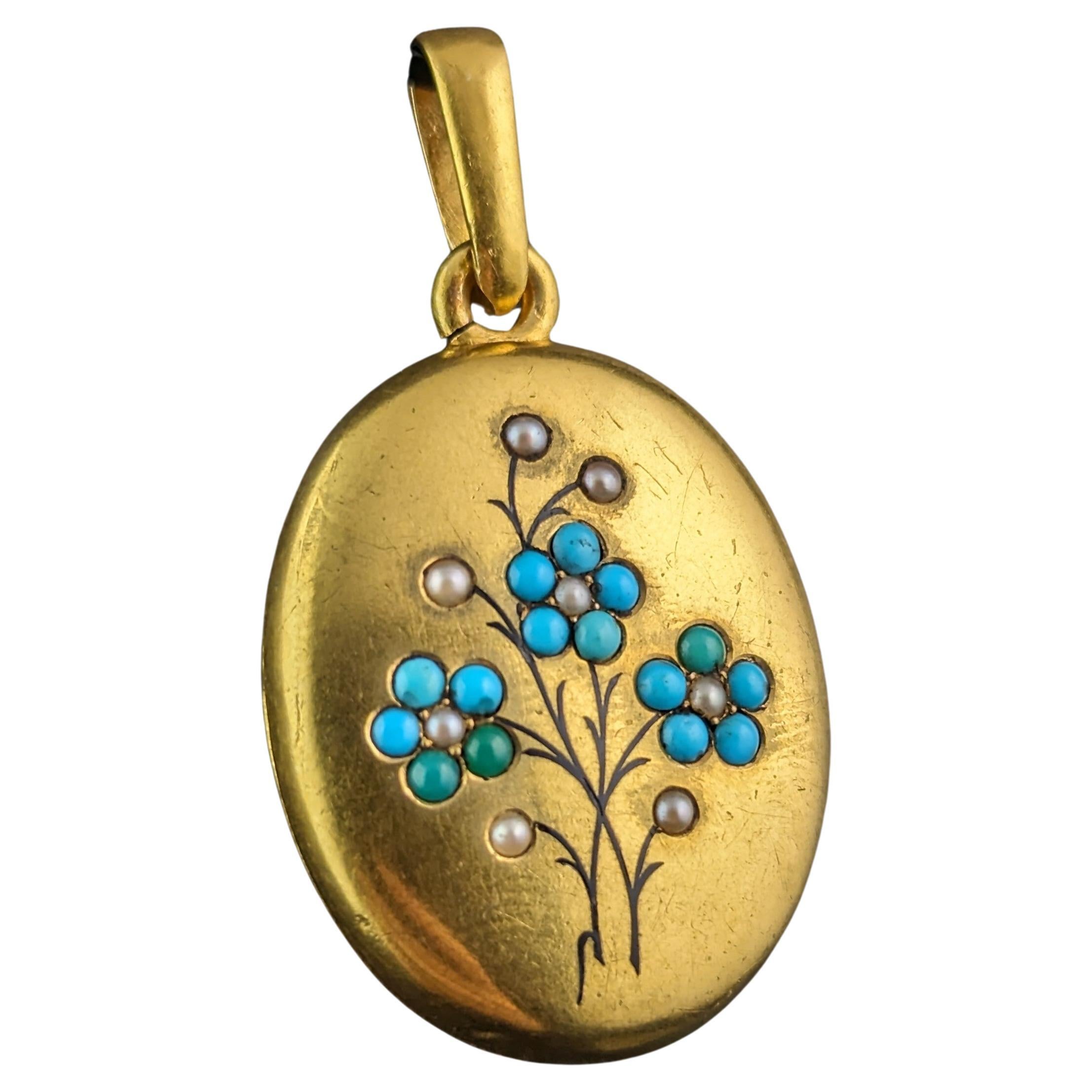 Antique 15k gold Turquoise and Pearl locket, Forget me Not flowers ...