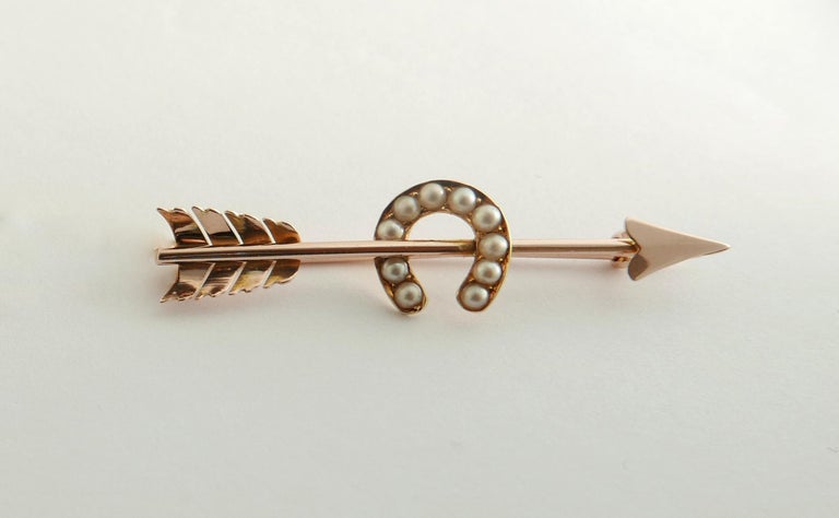 Antique 15k Rose Gold and Pearl Lucky Arrow and Horseshoe Brooch For ...