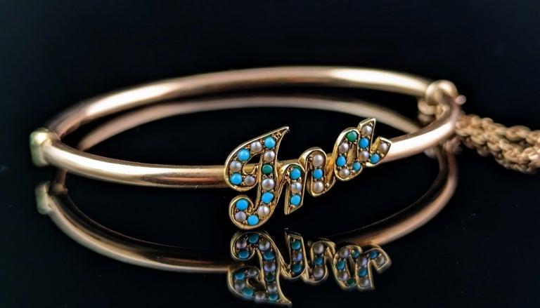 Antique 15k Rose Gold Name Bangle, Ina, Turquoise and Pearl For Sale at ...