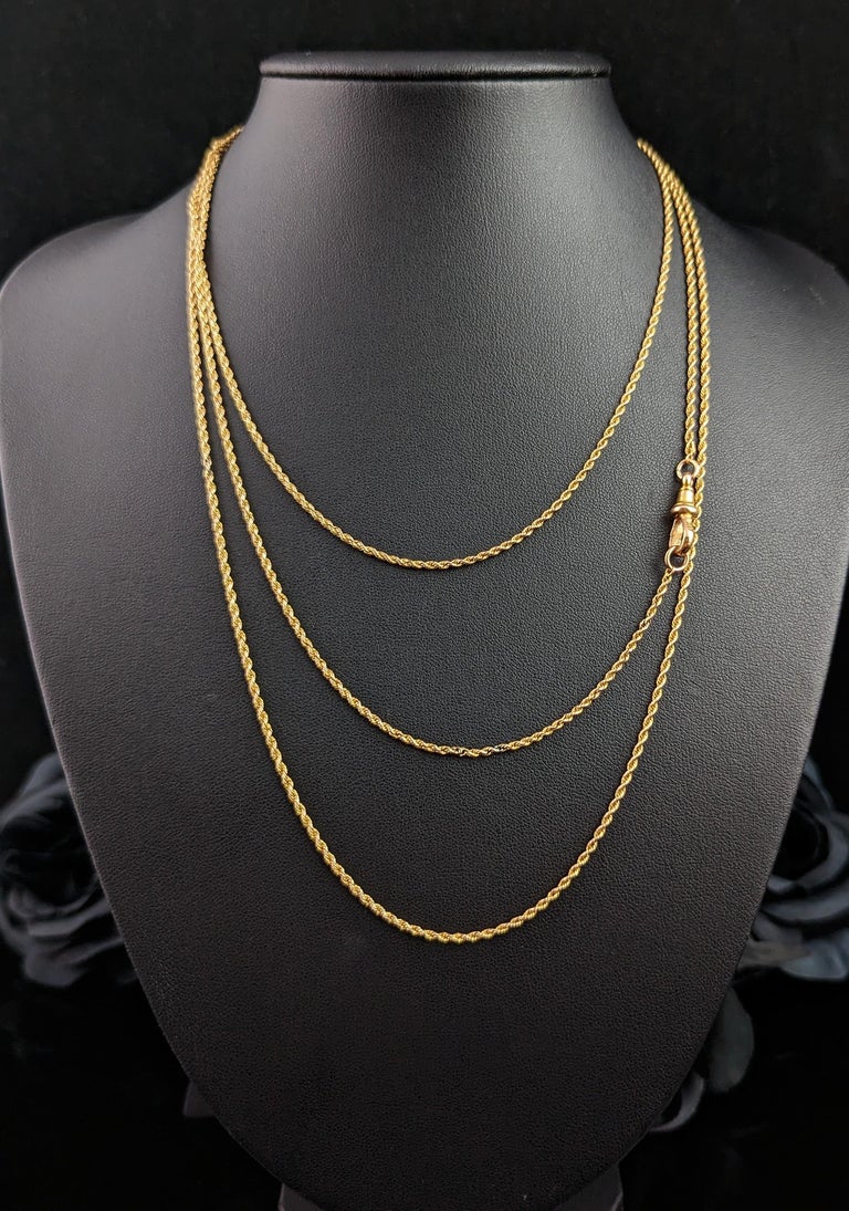 Antique 15k Yellow Gold Long Chain Necklace, Longuard, Rope Twist Link ...