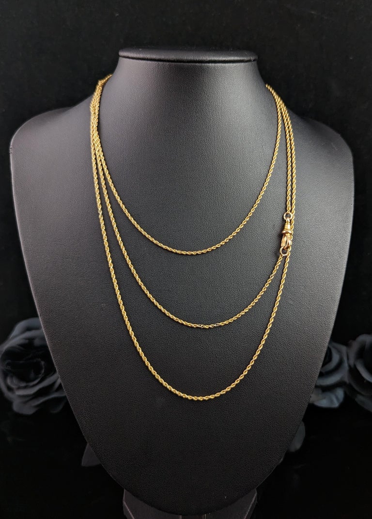 Antique 15k Yellow Gold Long Chain Necklace, Longuard, Rope Twist Link ...