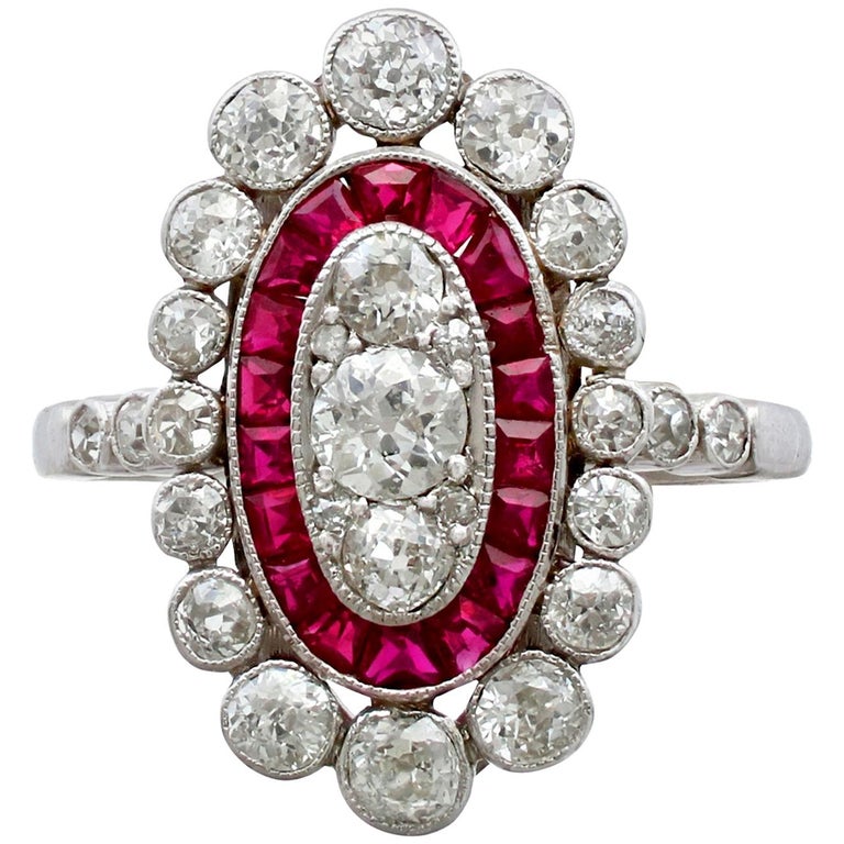 Antique 1.60 Carat Diamond and Ruby Platinum Cluster Ring For Sale at ...