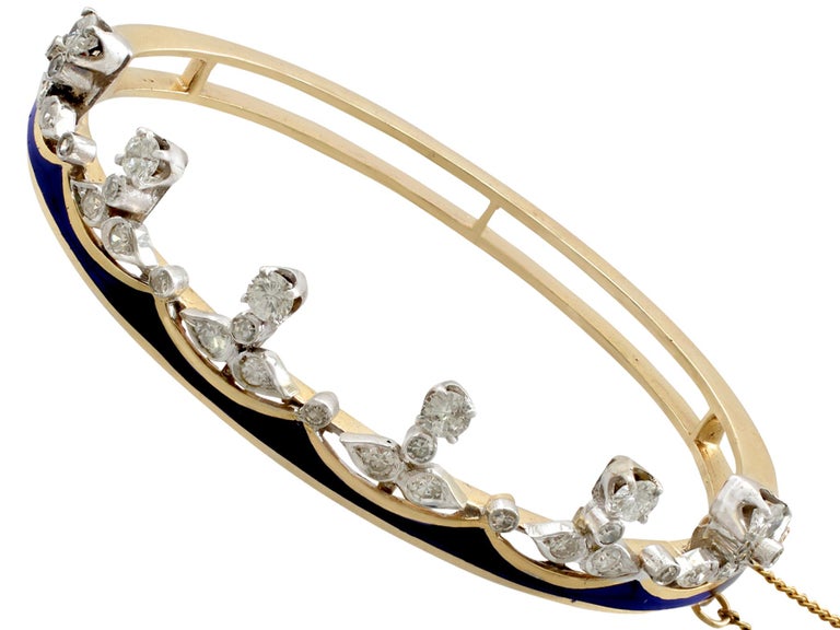 1930s Antique 1.62 Carat Diamond and Enamel Yellow Gold Crown Bangle ...