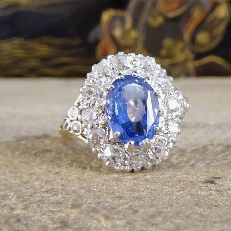Antique 1.62ct Sapphire and 1.02ct Diamond Cluster Ring in 18ct Yellow ...