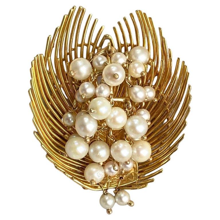 Antique 16k Yellow Gold Hand Made Pearl Brooch For Sale at 1stDibs