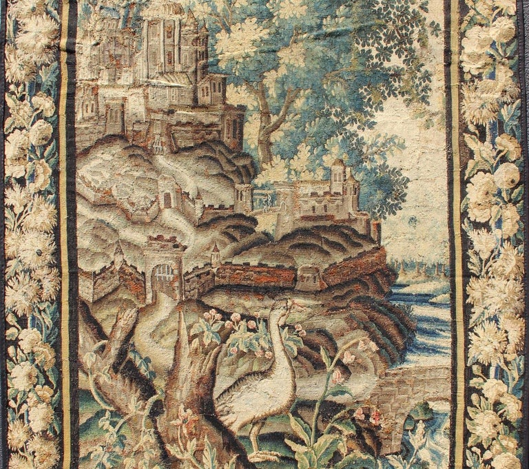 Antique 17th Century Scenic Tapestry Surrounded by Floral Border For ...