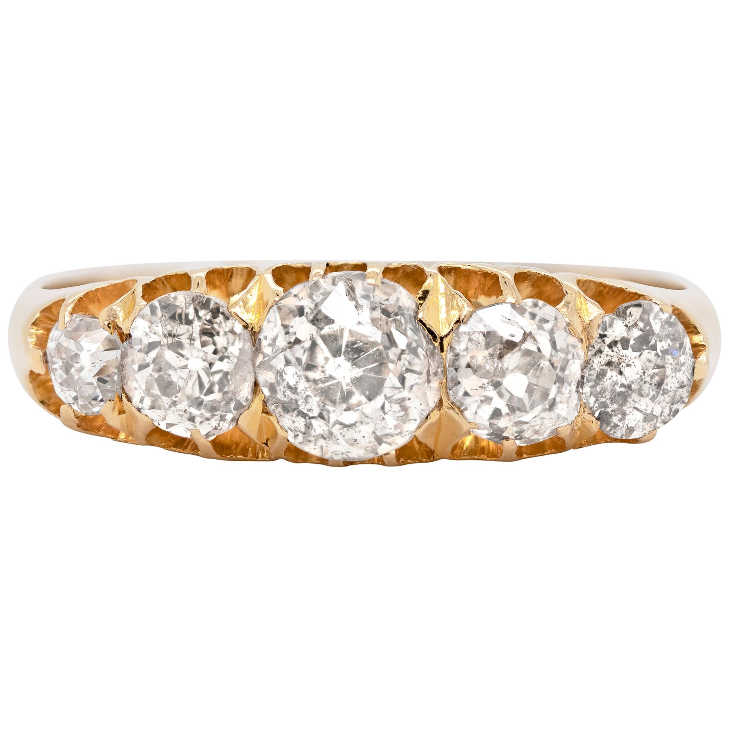 Antique Five Stone English Carved Emerald Yellow Gold Ring at 1stDibs