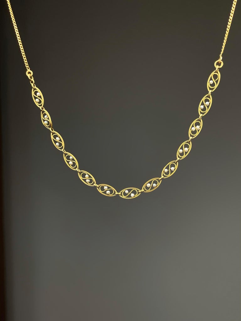 Antique 18 Karat Gold Pearl French Guard Chain Necklace at 1stDibs