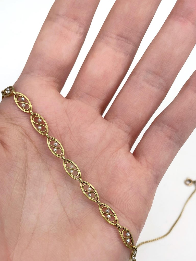 Antique 18 Karat Gold Pearl French Guard Chain Necklace at 1stDibs