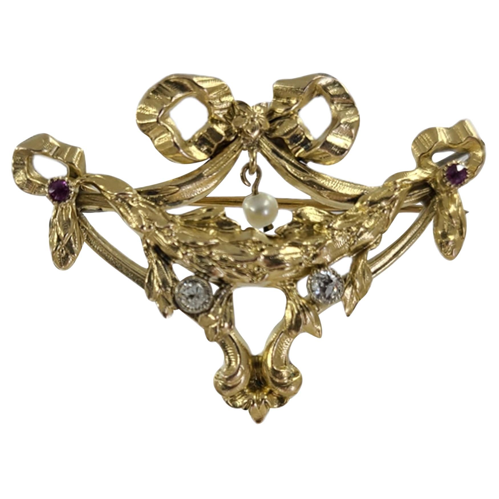 Baroque Pearl Diamonds Pin 18 Karat For Sale at 1stDibs