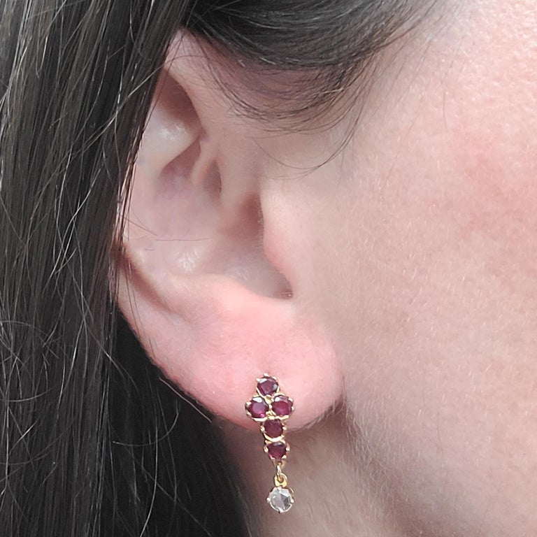Antique 18 Karat Yellow Gold Ruby Cross Earrings with Diamond Dangle at ...