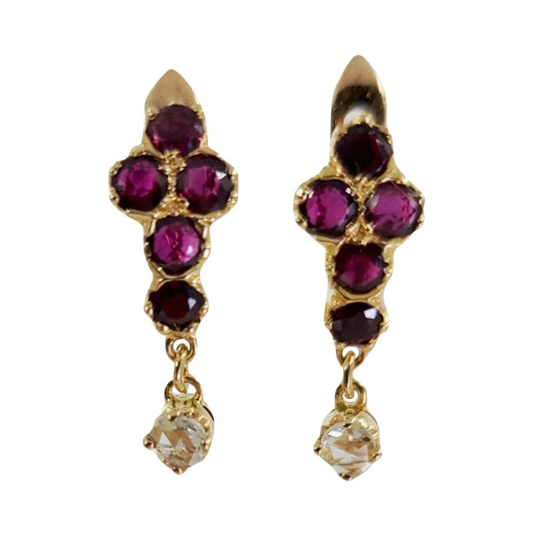 Antique 18 Karat Yellow Gold Ruby Cross Earrings with Diamond Dangle at ...