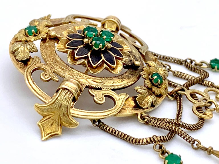 Antique 1865 Gothic Revival Brooch Emerald Wood 14 Karat Two Color Gold ...