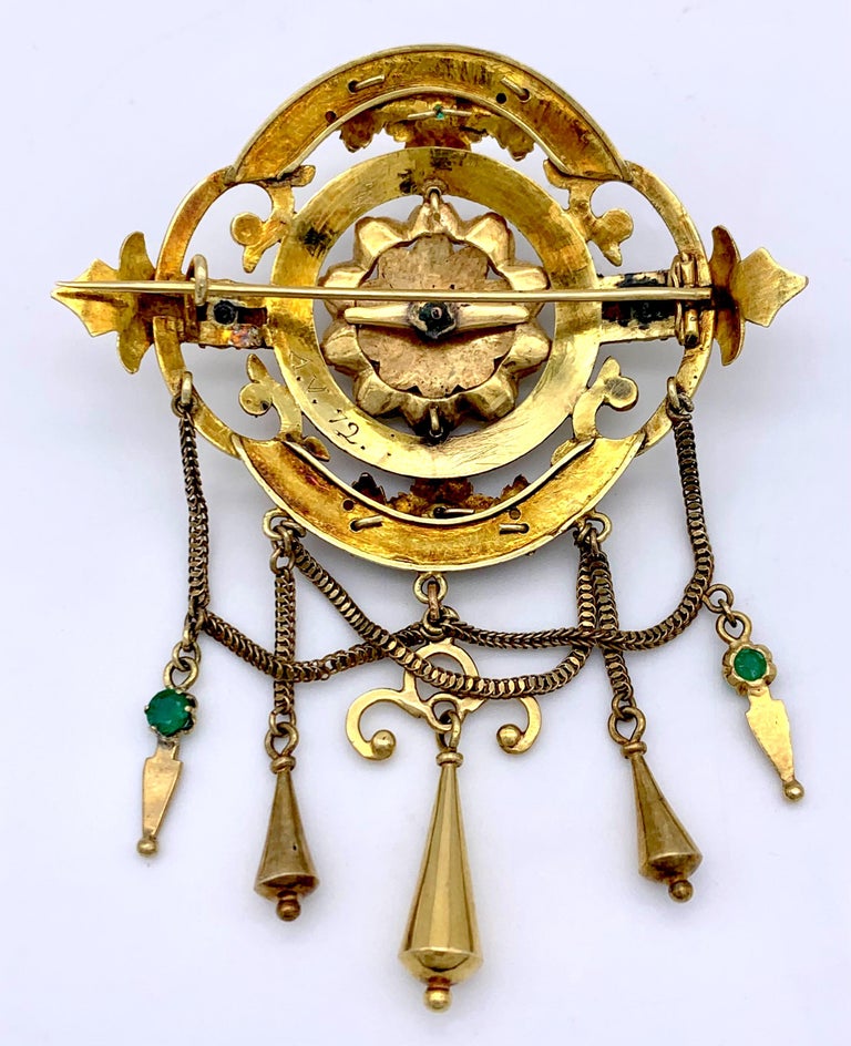 Antique 1865 Gothic Revival Brooch Emerald Wood 14 Karat Two Color Gold ...