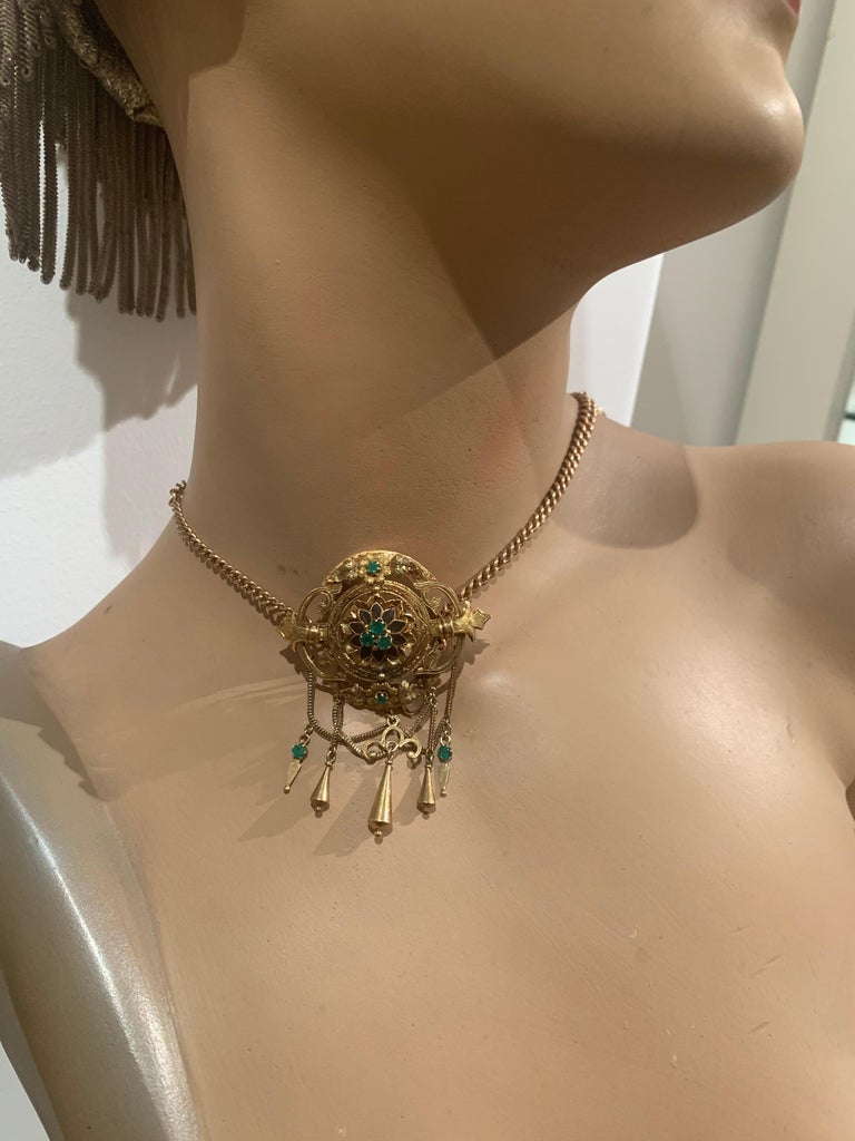 Antique 1865 Gothic Revival Brooch Emerald Wood 14 Karat Two Color Gold ...