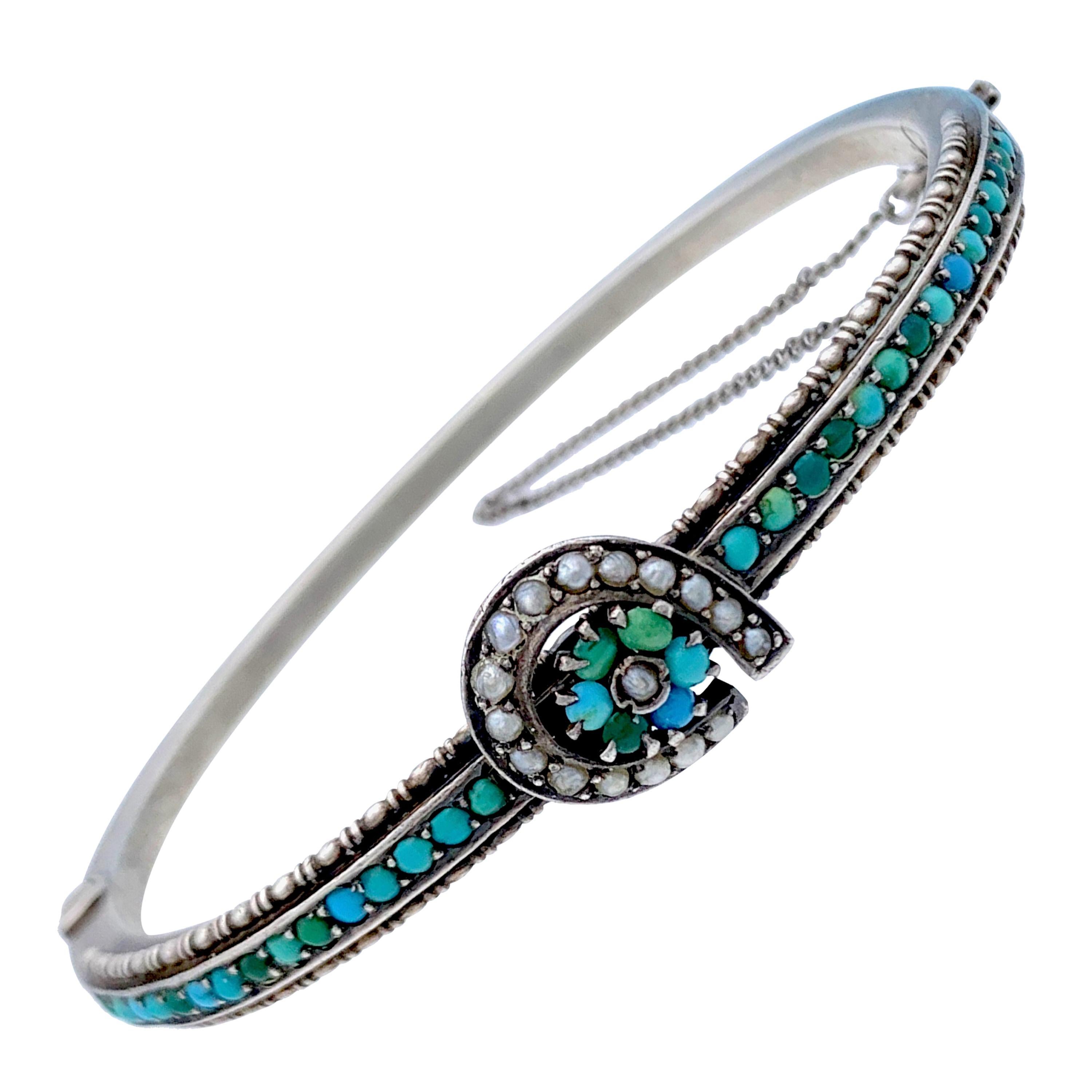 Antique 1880 Victorian Horseshoe Good Luck Bangle Turquoise Pearl ...