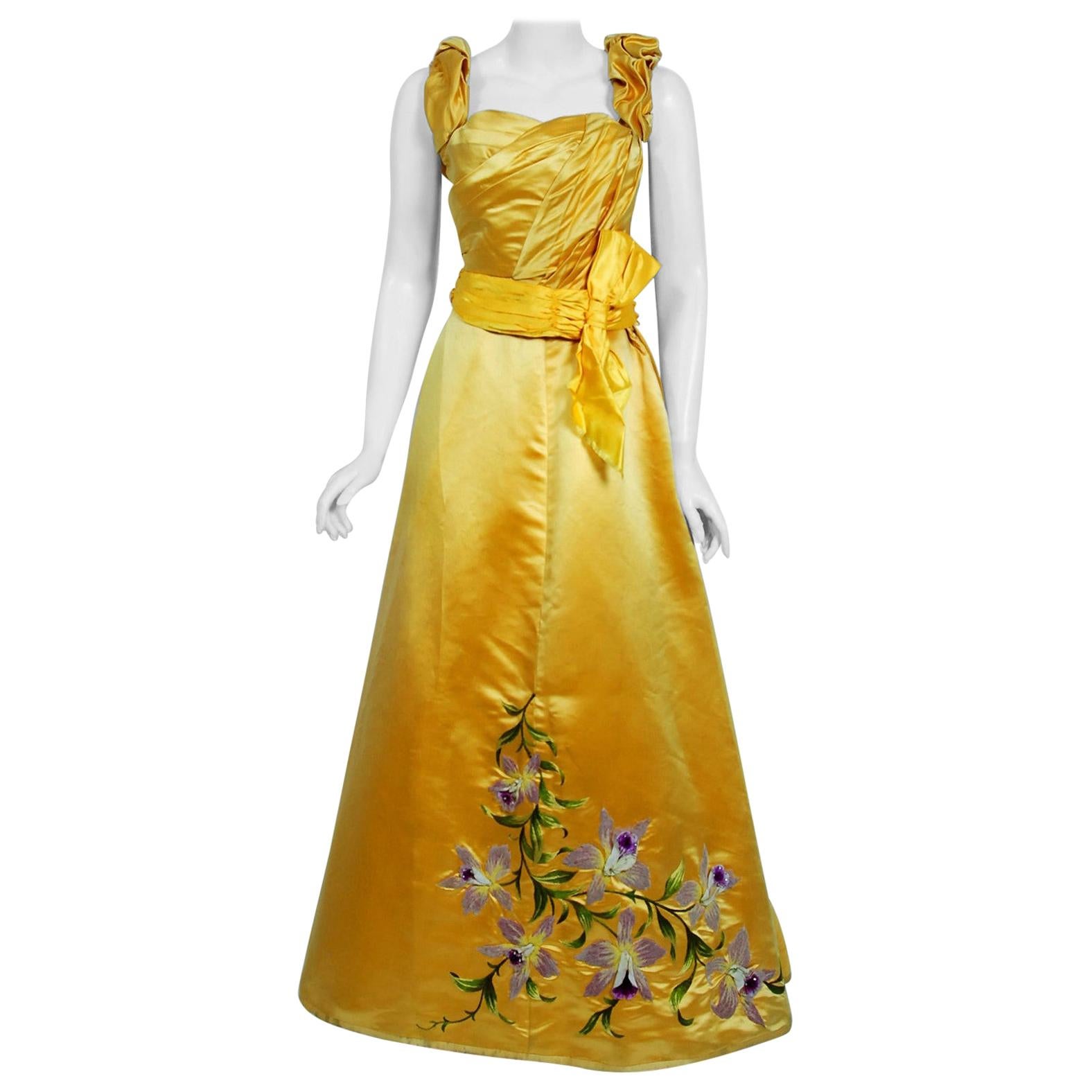 Vintage 1890's Victorian French Couture Floral Embroidered Yellow Satin ...