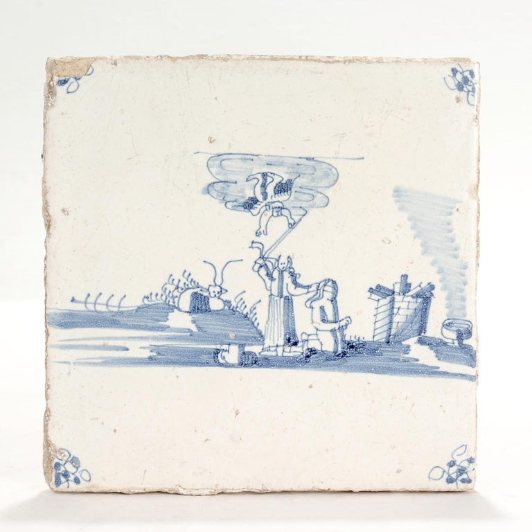 Antique 18C Religious Dutch Delft Tile with a Scene of Abraham offering ...