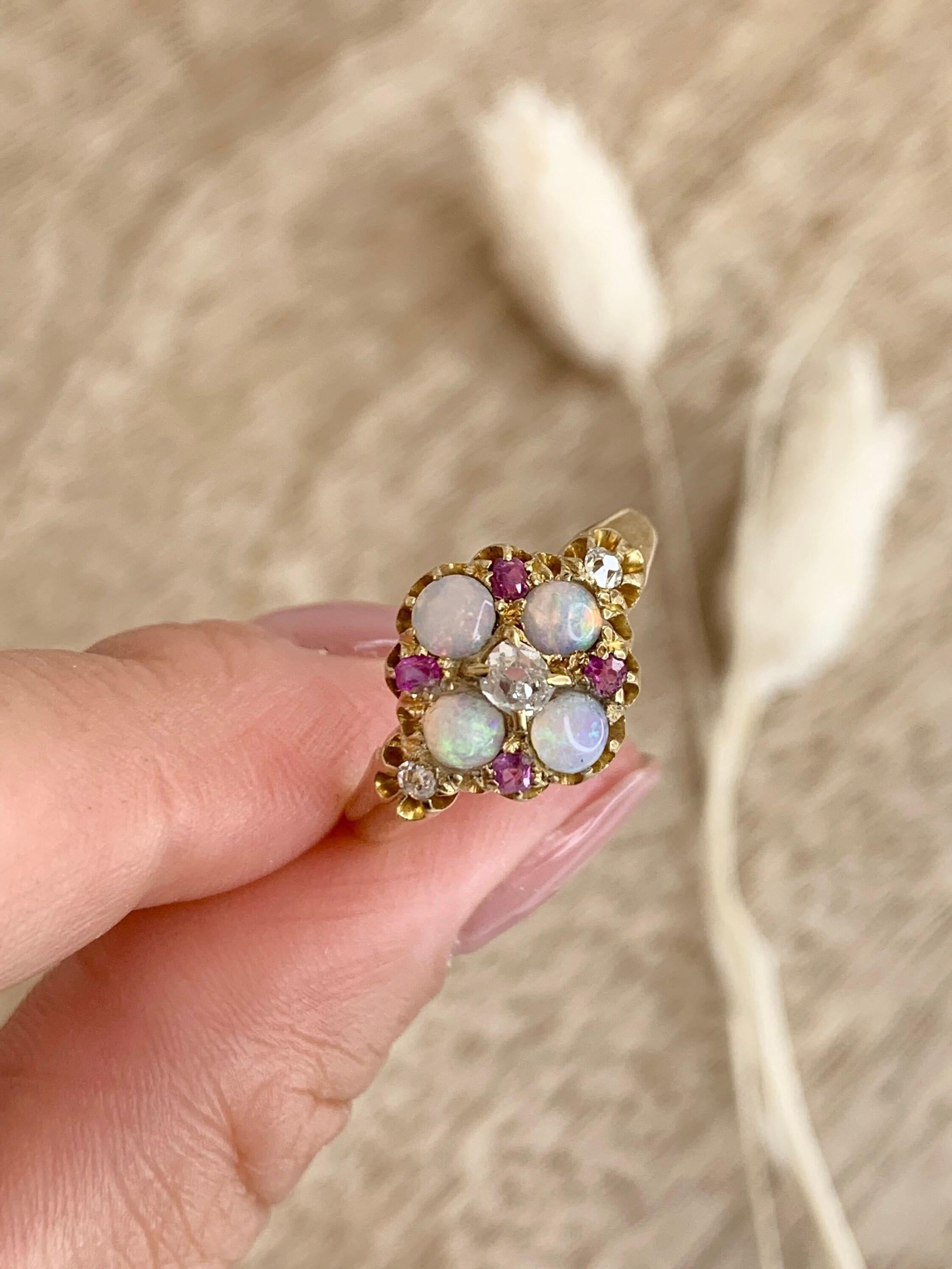 Antique 18ct Gold Opal, Ruby and Diamond Ring For Sale at 1stDibs