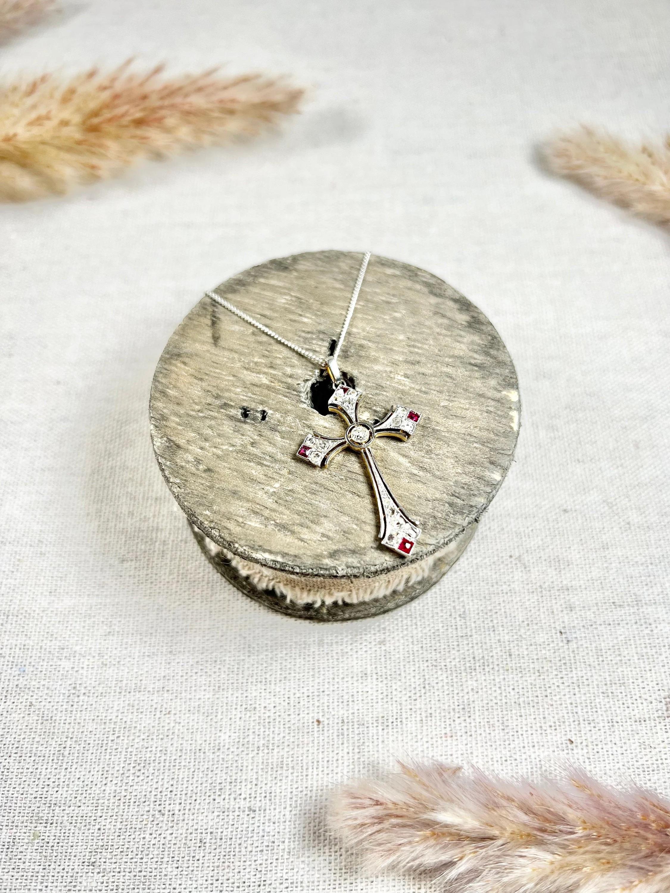 Antique 18ct Gold and Platinum, Edwardian Ruby Diamond Cross Pendant ...