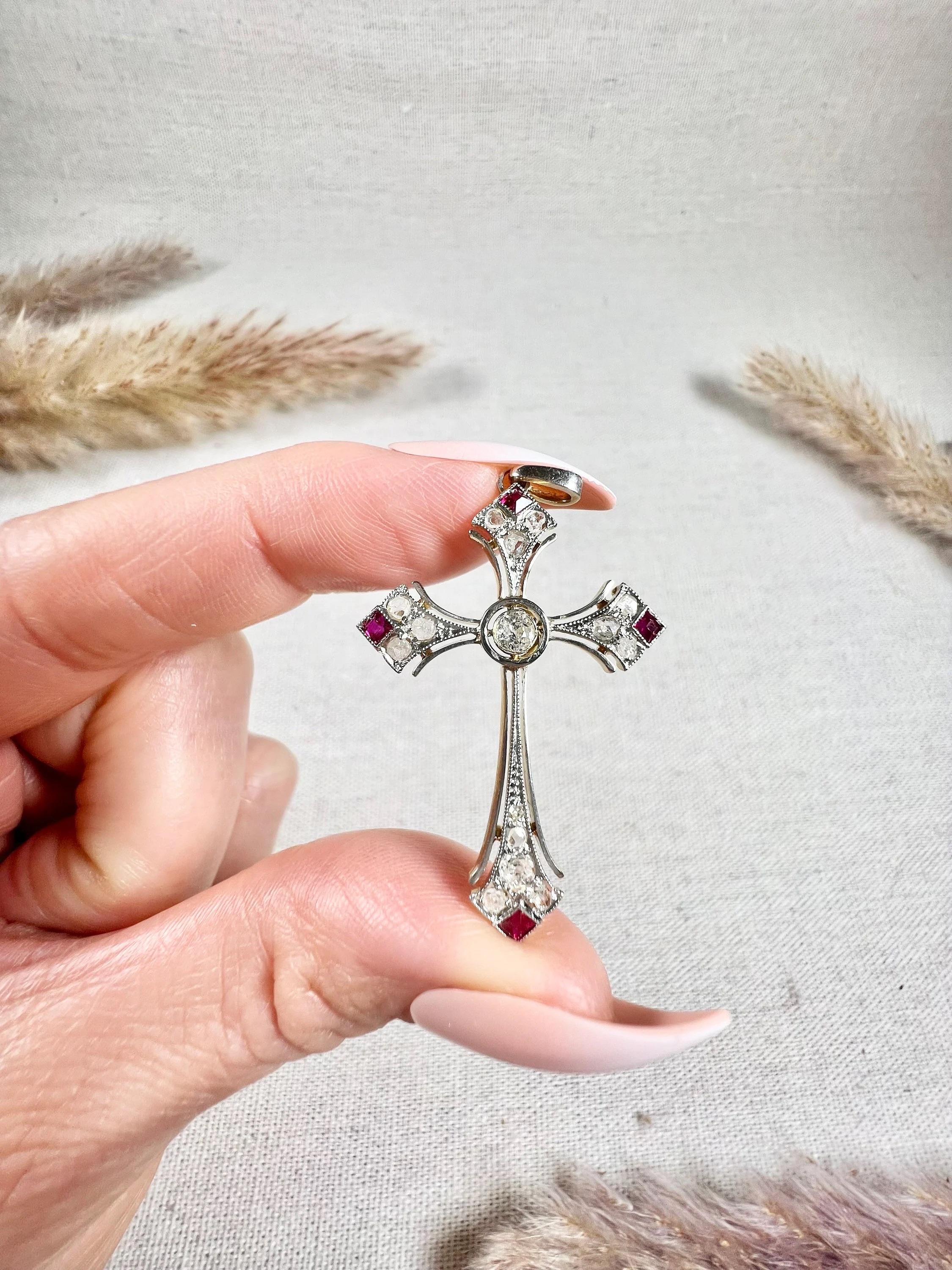 Antique 18ct Gold and Platinum, Edwardian Ruby Diamond Cross Pendant ...