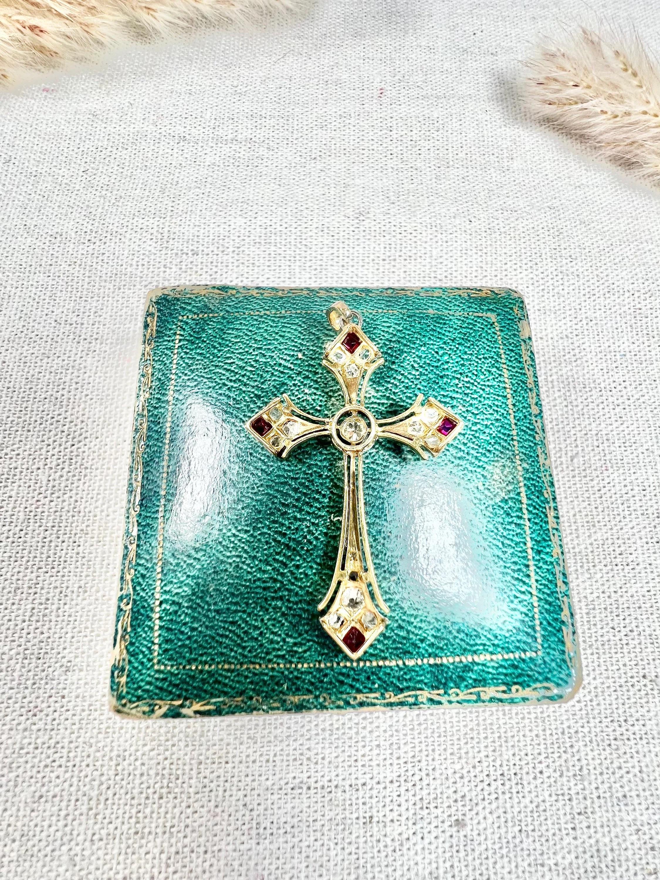 Antique 18ct Gold and Platinum, Edwardian Ruby Diamond Cross Pendant ...