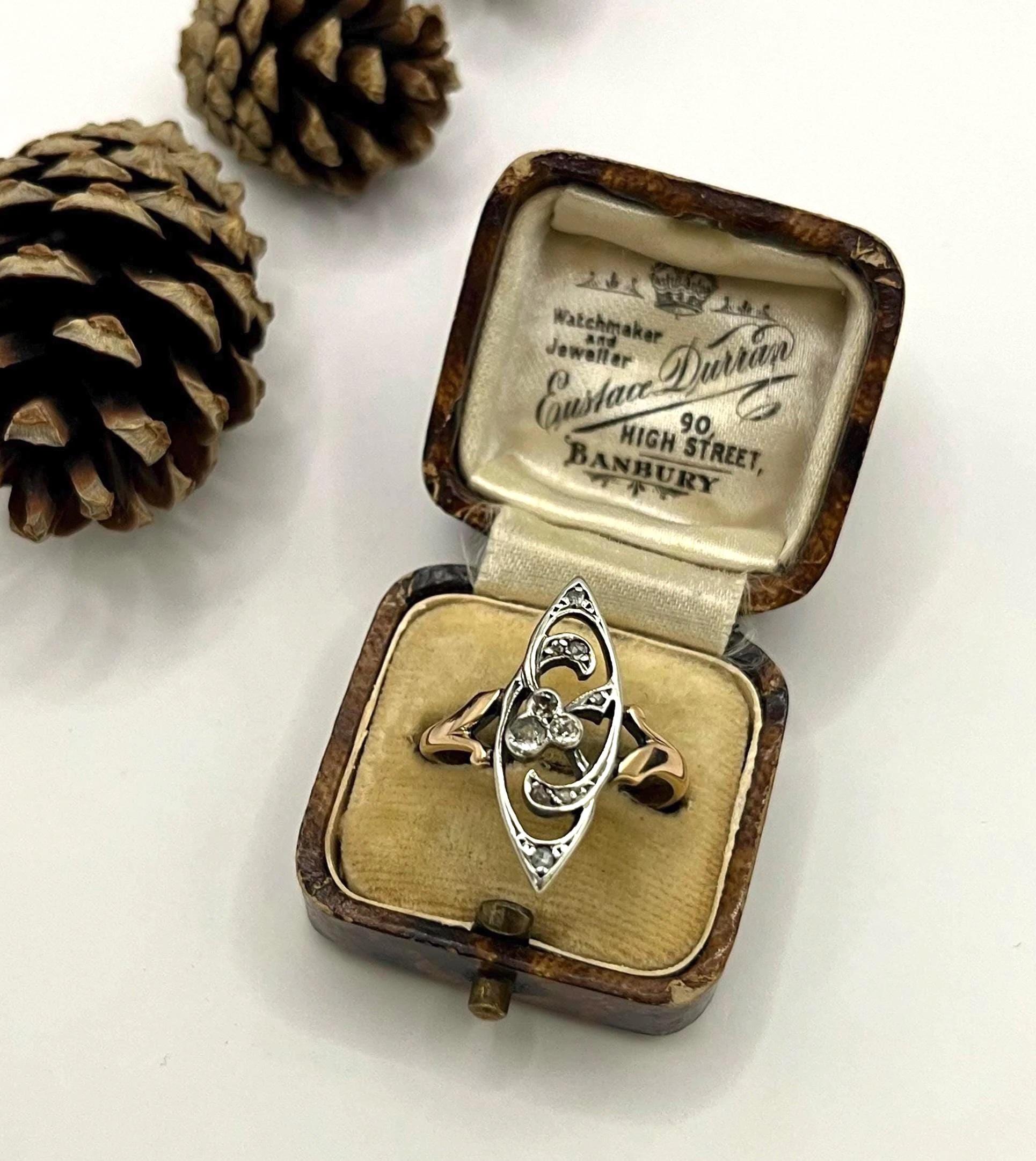 Antique 18ct Yellow Gold Silver Set, Art Nouveau Diamond Ring For Sale ...