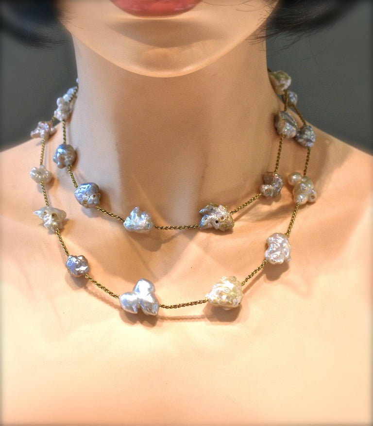 18 Karat and Natural Large Fresh Water Pearl Long Strand, English ...