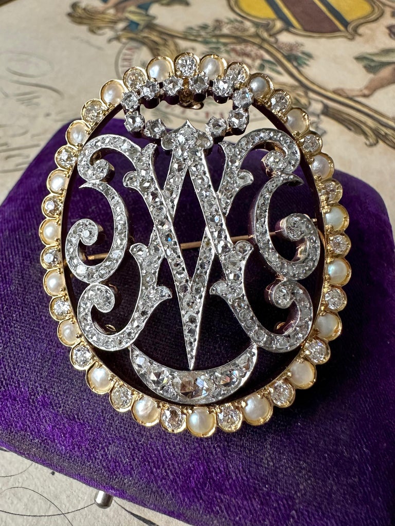 Antique 18k Diamond and Pearl Monogram "Av" or "Mw" Pendant Brooch For ...