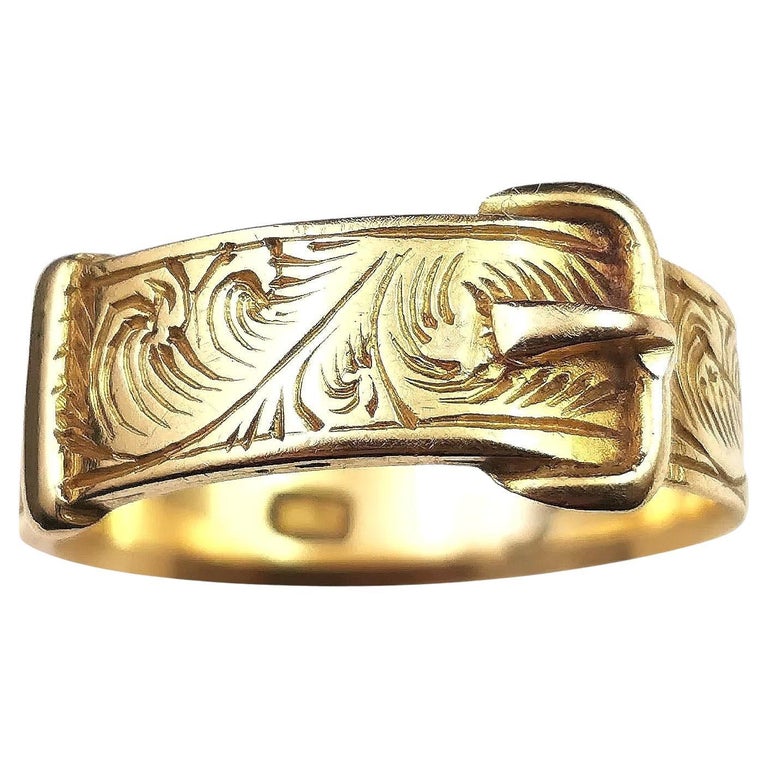 Antique 18k Gold Buckle Ring, Engraved Band For Sale at 1stDibs