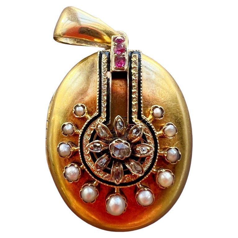 Antique 18k Gold Diamond Ruby Turning Flower Photo Locket Pendant For ...
