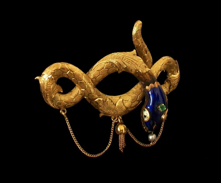 Antique 18K Gold and Enamel Snake Brooch, Emerald and Pearl, France ...