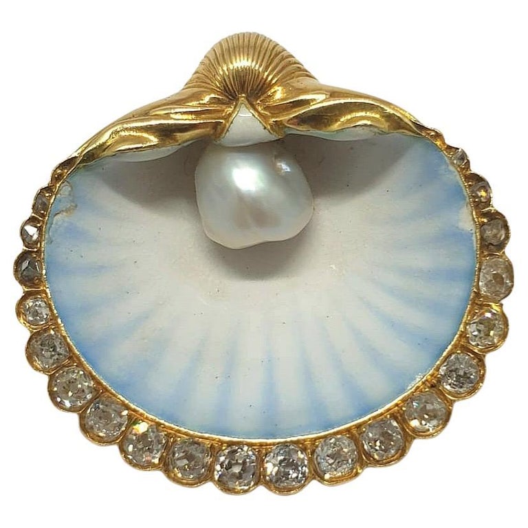 Antique 18k Gold French Diamond and Pearl Enamel Shell Brooch For Sale ...