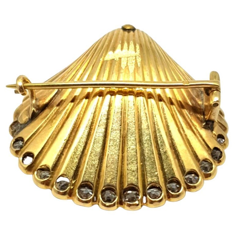 Antique 18k Gold French Diamond and Pearl Enamel Shell Brooch For Sale ...