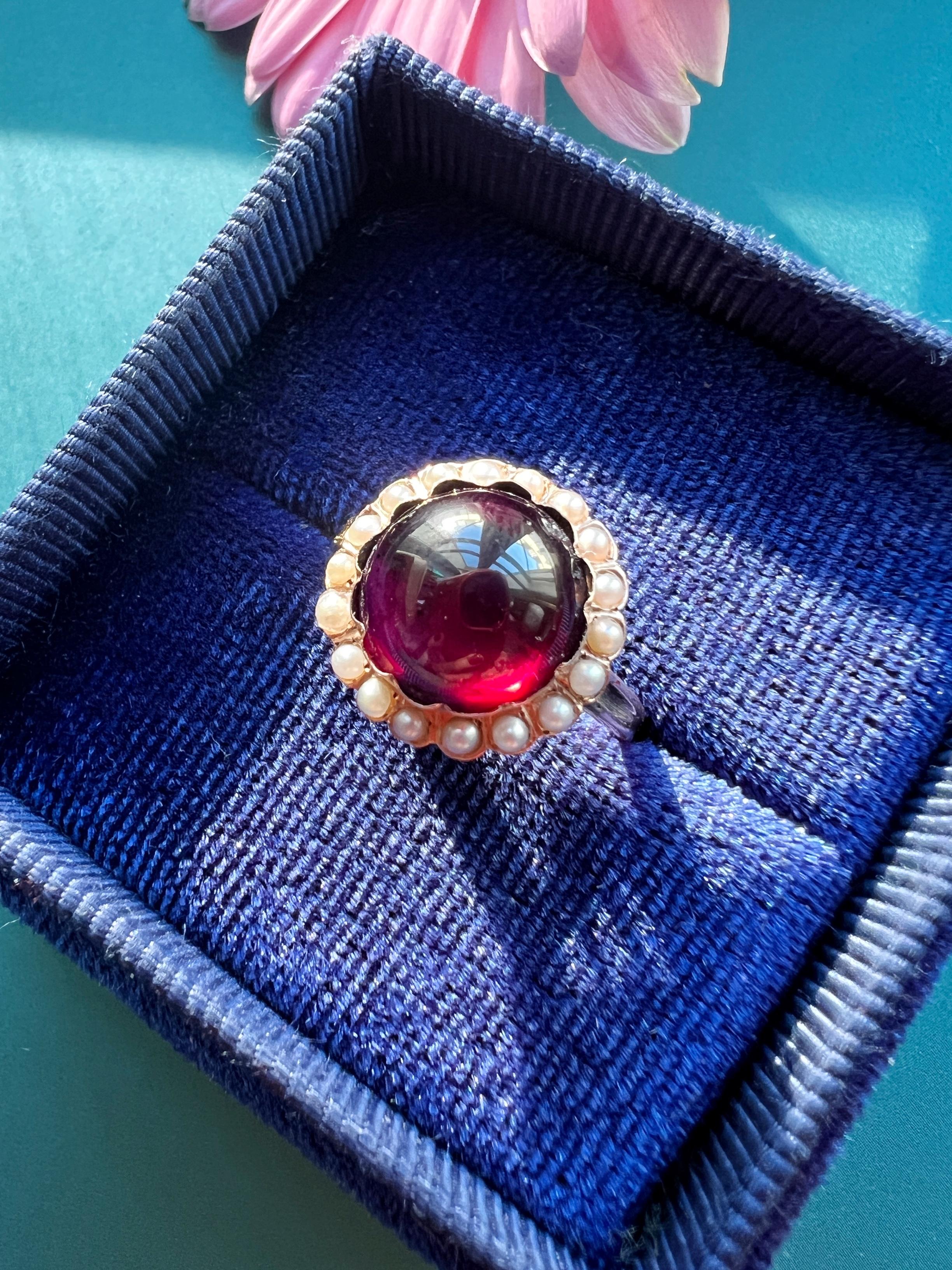 Antique 18K Gold Garnet and Pearl Cluster Ring at 1stDibs