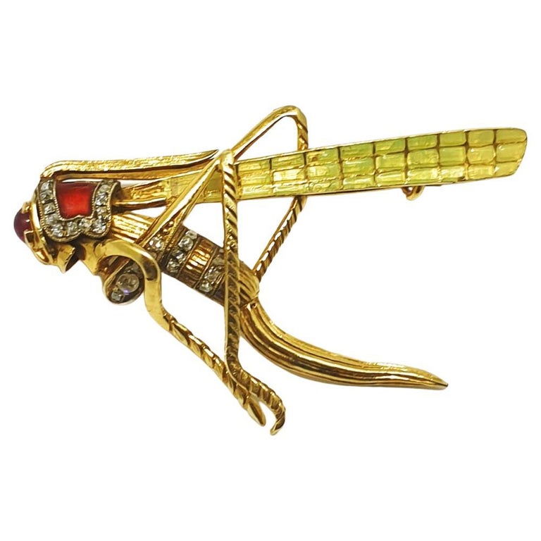 Antique 18K Gold Grass Hopper Enamel Brooch For Sale at 1stDibs