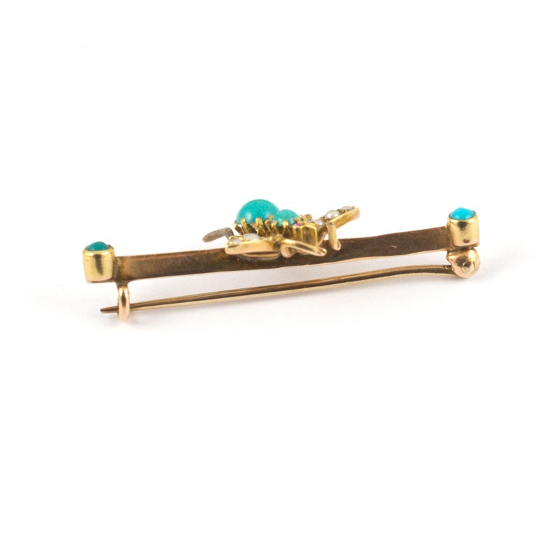 18 Karat Gold Insect Bug Pin, Set with Turquoise Pearls Rubies, circa ...